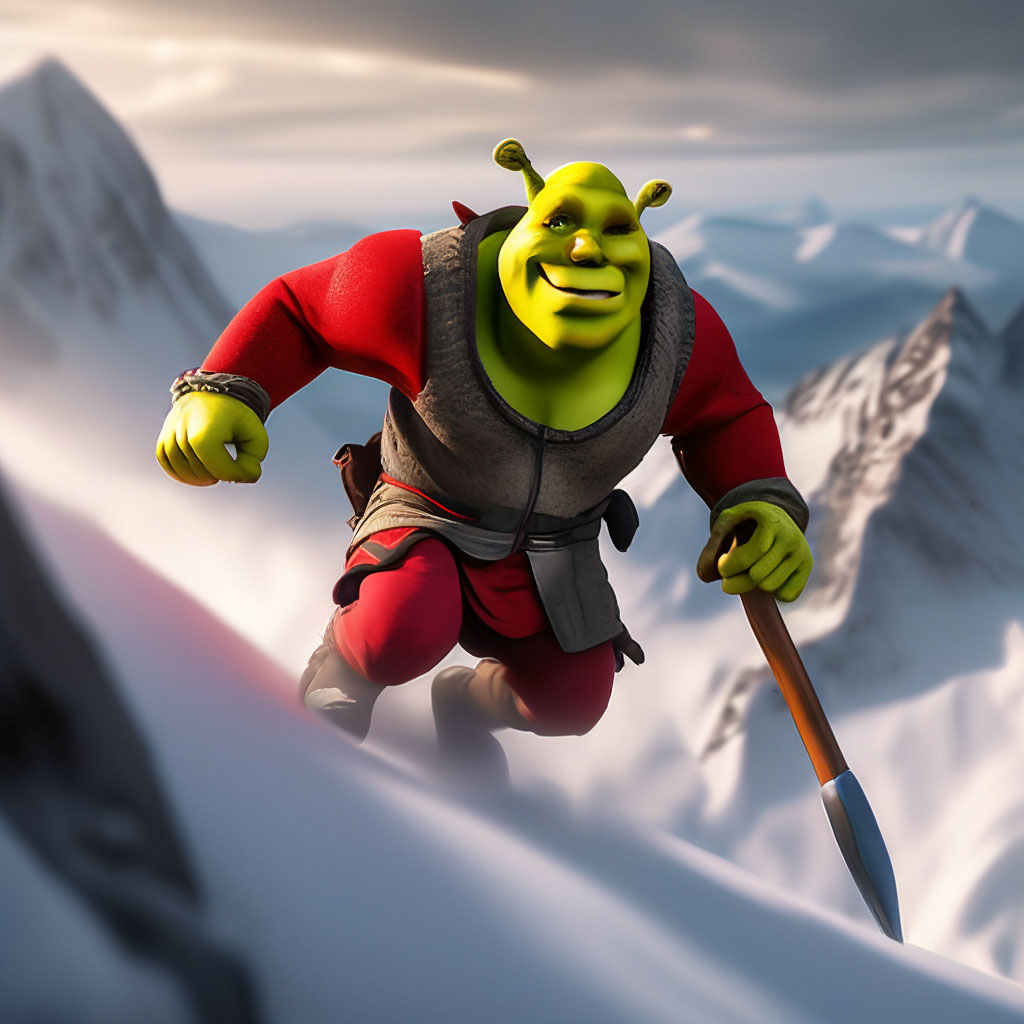 "Shrek the climber runs with a very Red axe through the mountains ...