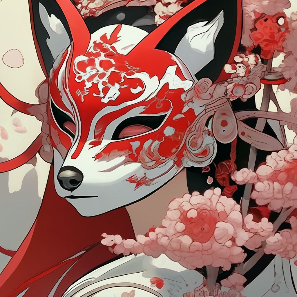 "A girl in a red and white japanese fox mask fine detail, fine lines ...