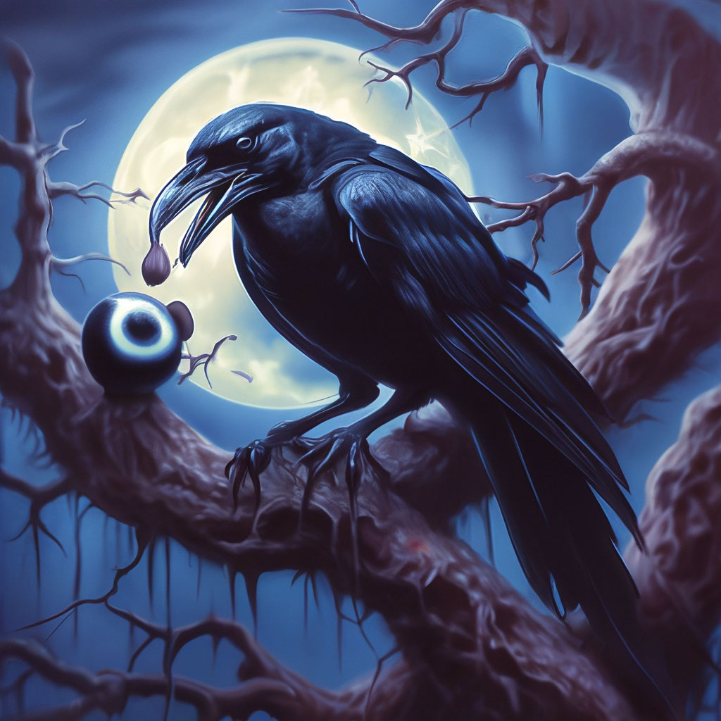 "A black raven holds an eyeball in its beak while sitting on a branch ...