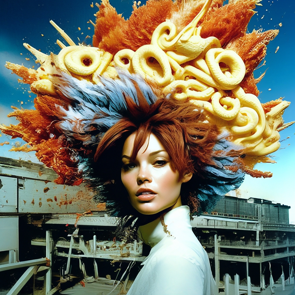 "Explosion on the head of a pasta factory ,different colors,disheveled ...