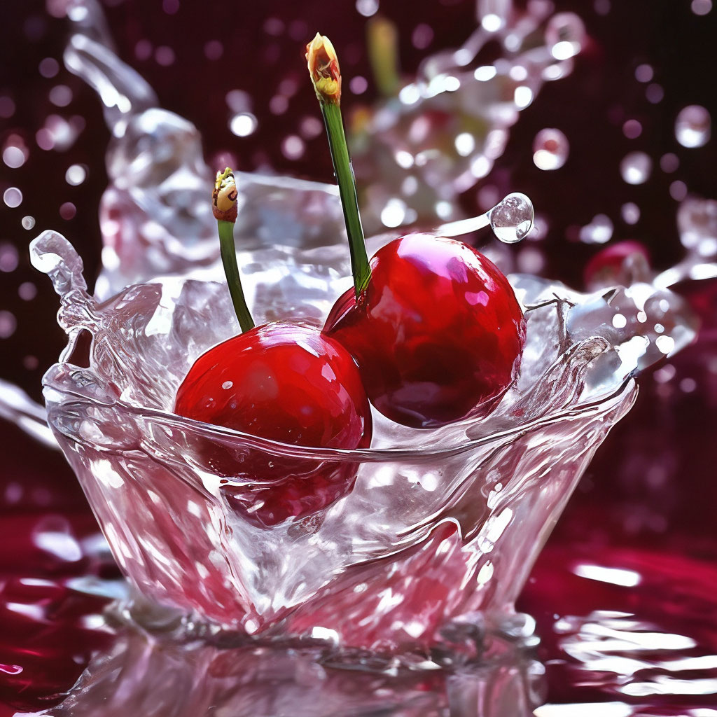 "Cherry, ice, splashes, juicy, beautiful, delicious, good presentation ...