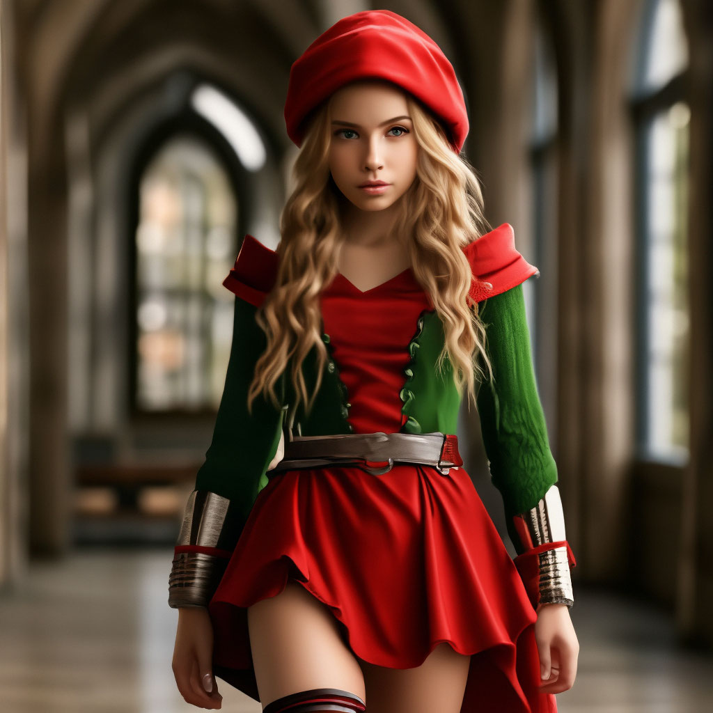 "Hyperrealistic ultra-detailed cgi girl in an elf costume Green dress ...