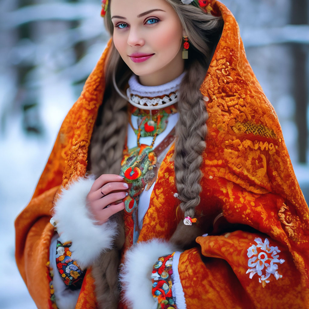 "Kokoshnik, walking, Russian folk style, warm coat, long braid, lots of jewelry, fairy tale, in ...