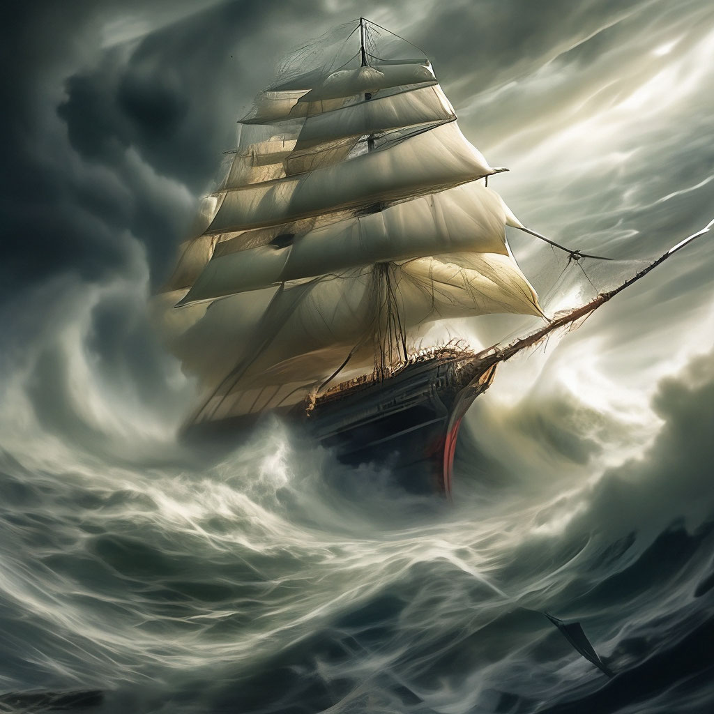 "Furious wind rips the sails" — image created in Shedevrum