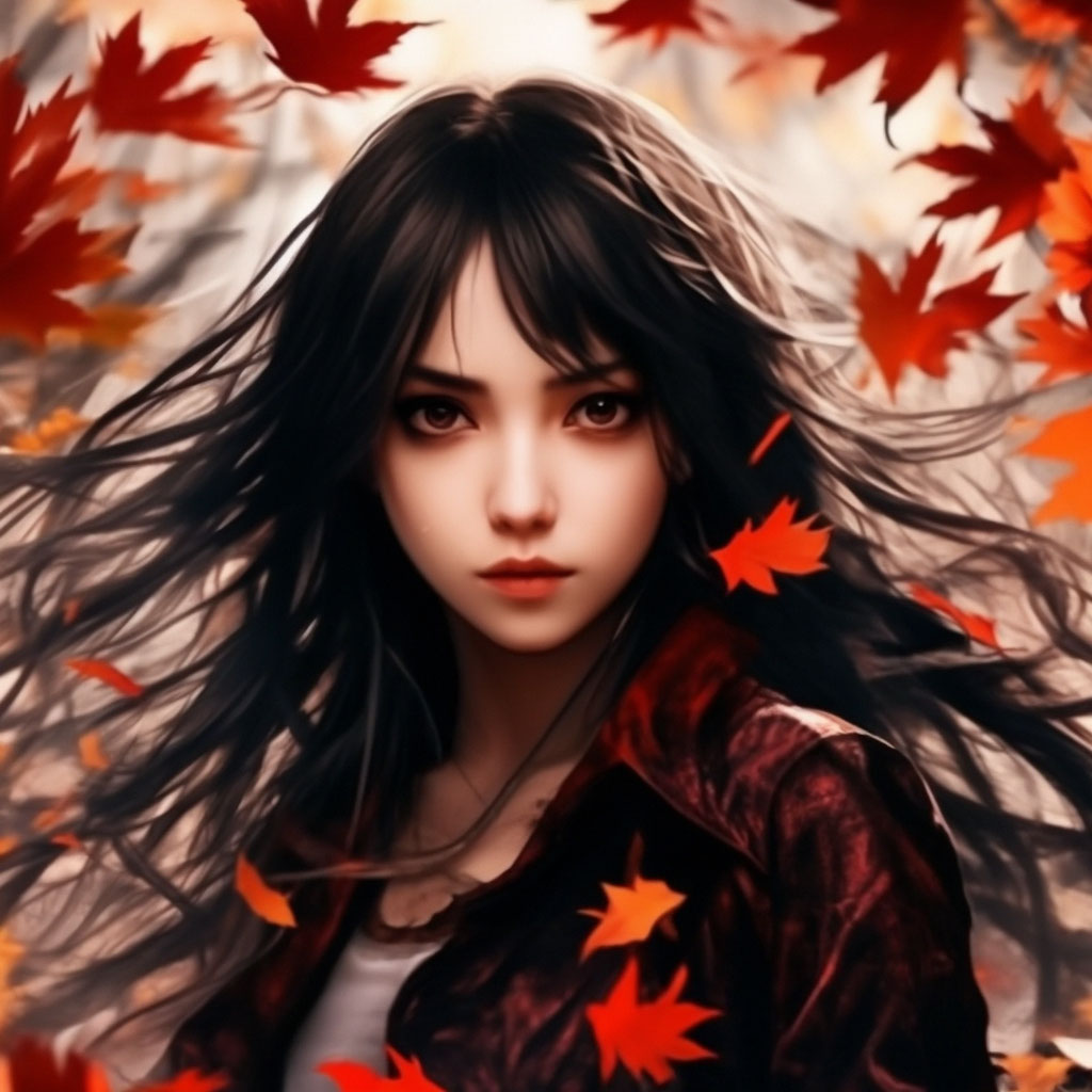 "Anime girl in autumn foliage, black, red, white" — image created in ...