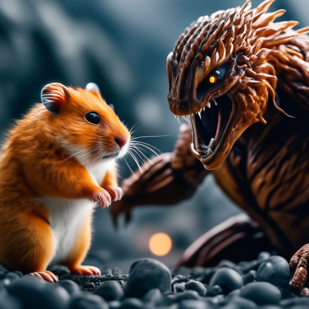 "A hamster is fighting a monster on an alien planet" — image created in ...
