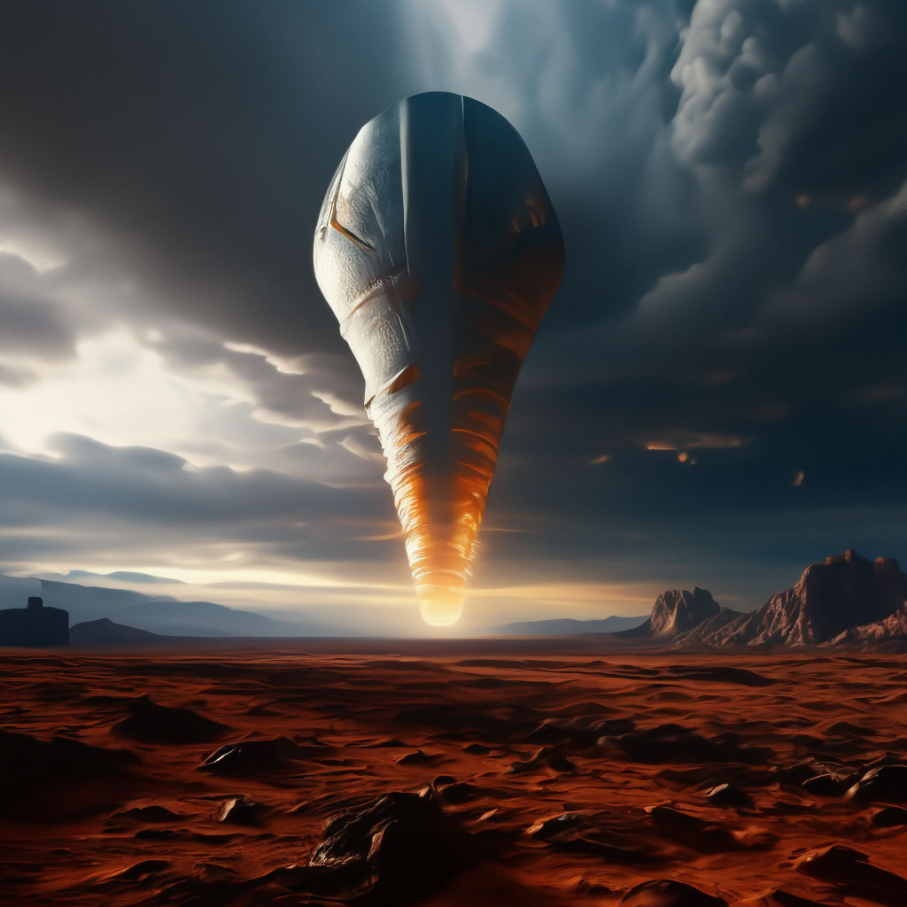 "A dilapidated cone-shaped alien ship stands on a distant planet. a ...