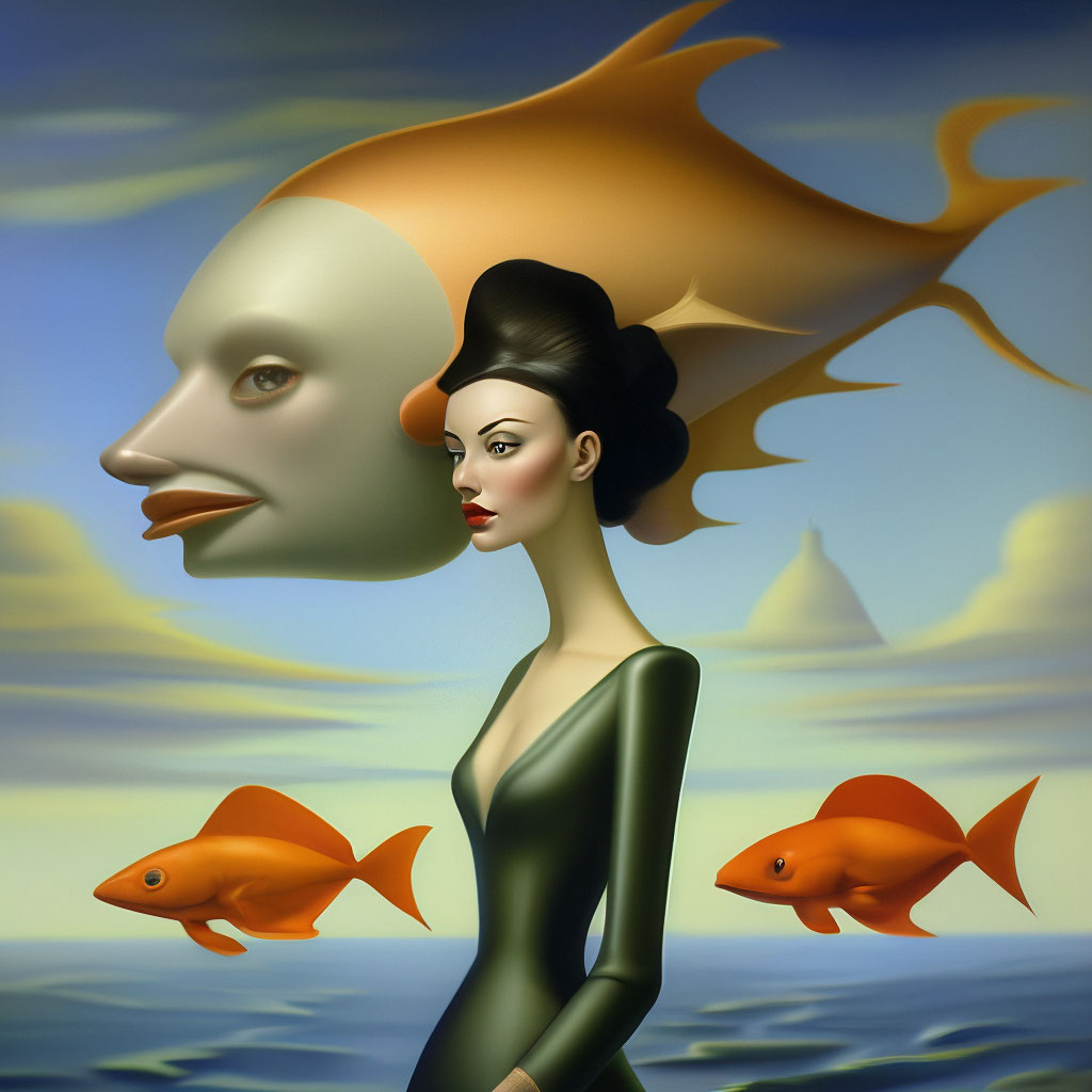"Tall slender brunette with a fish head in the style of Salvador Dali ...