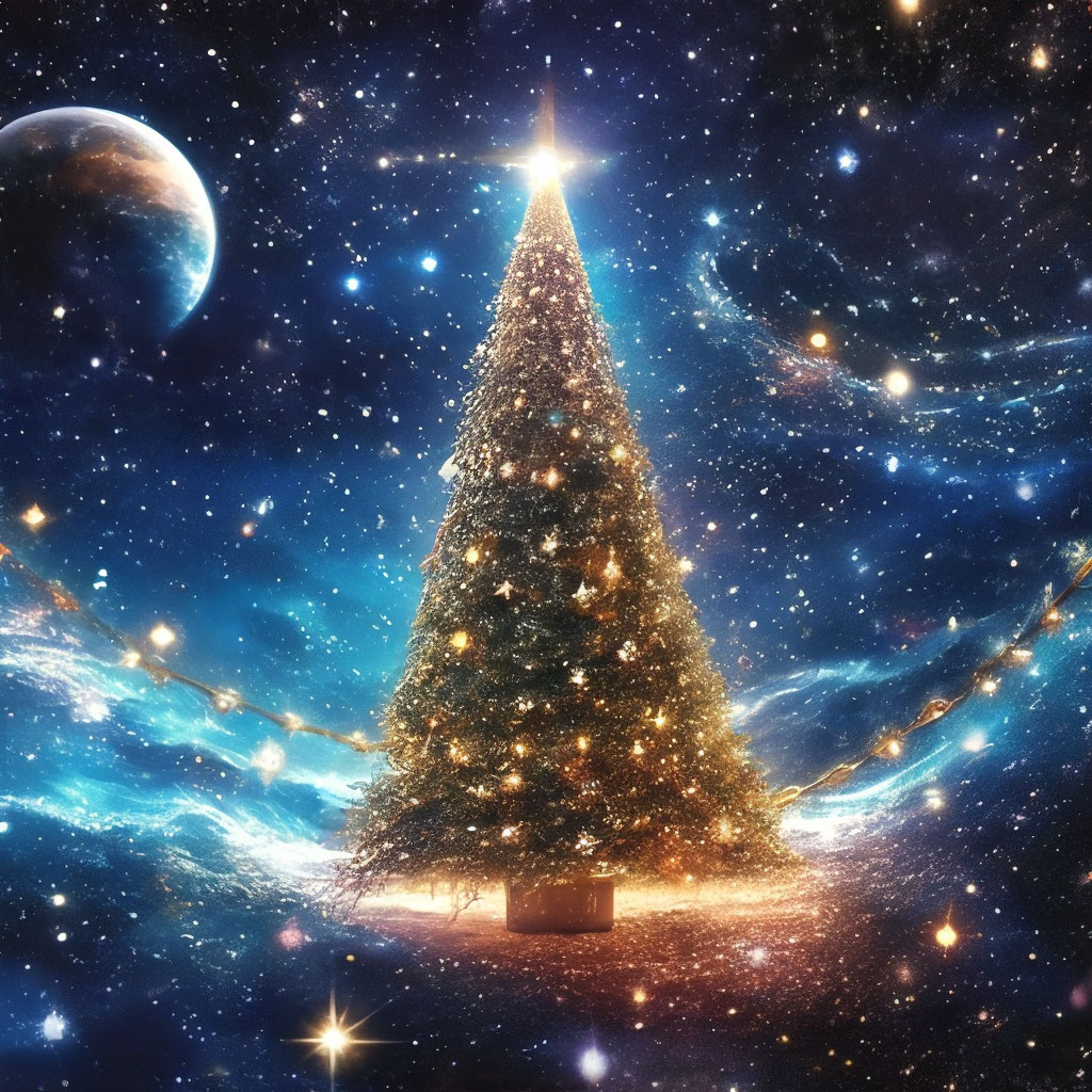 "Space. stars. The Milky Way. Christmas tree with garlands" — image ...