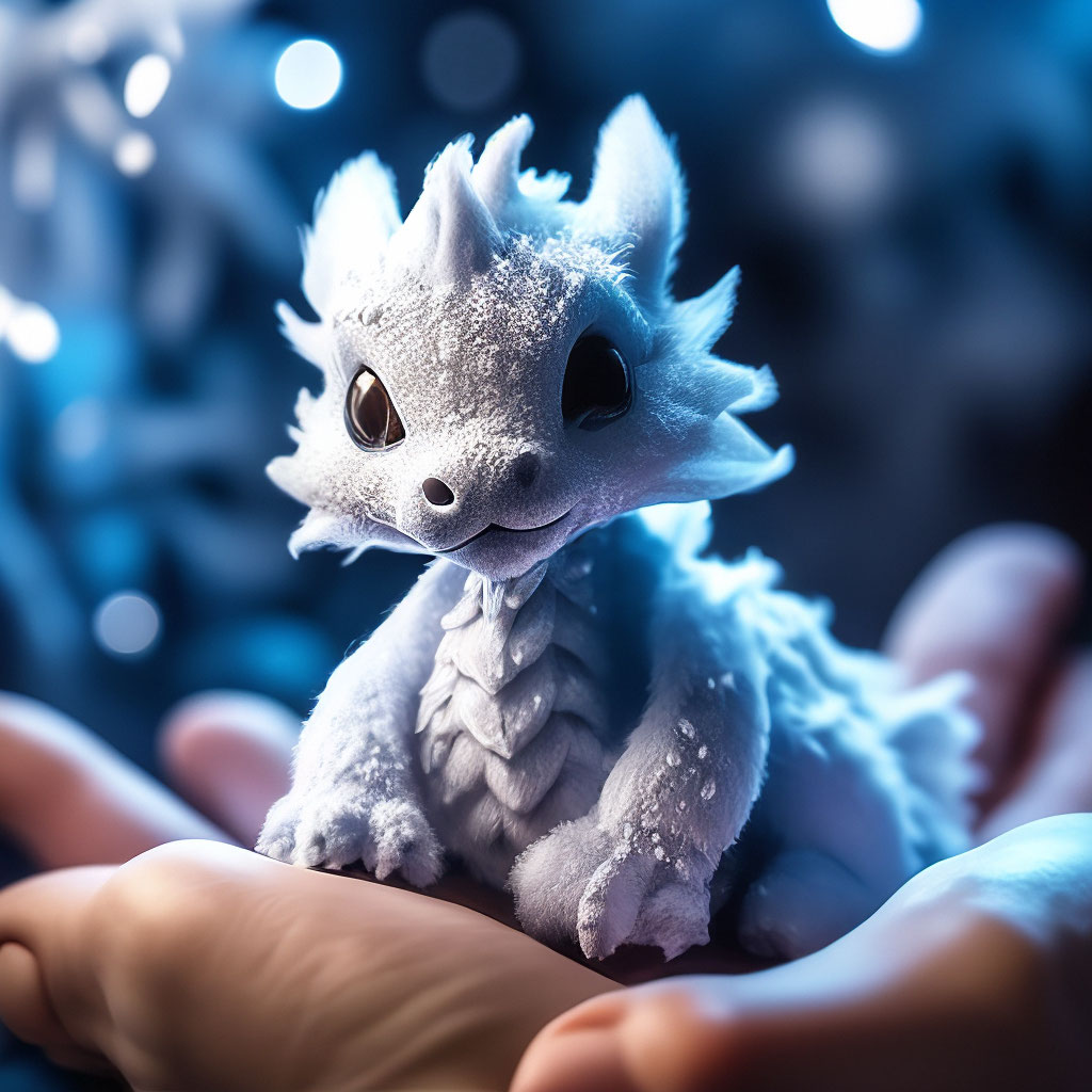 "A small, cute, icy fluffy dragon sits on his hand, hyperrealism ...