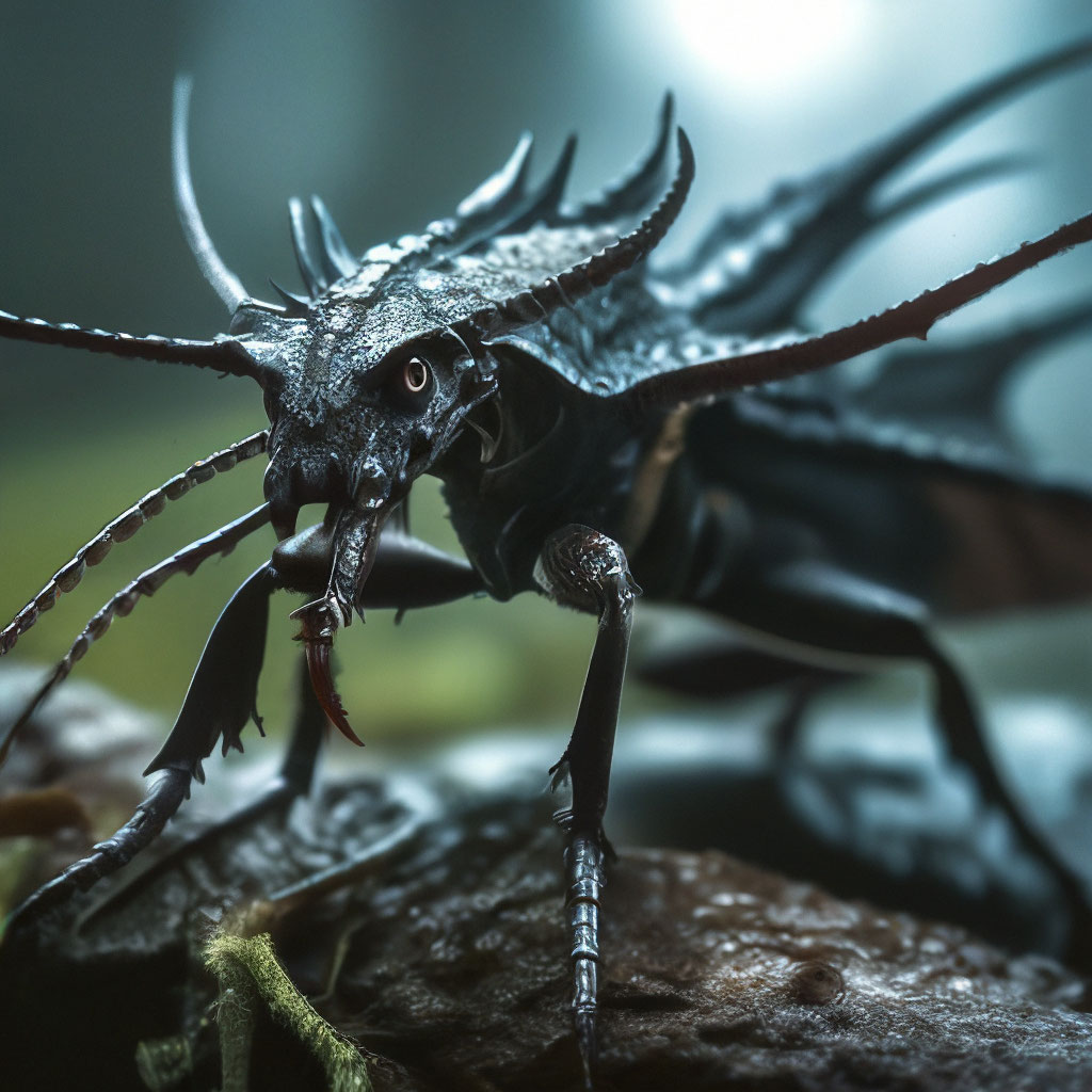 "Dragon-like dragon beetle, macro-shooting" — image created in Shedevrum