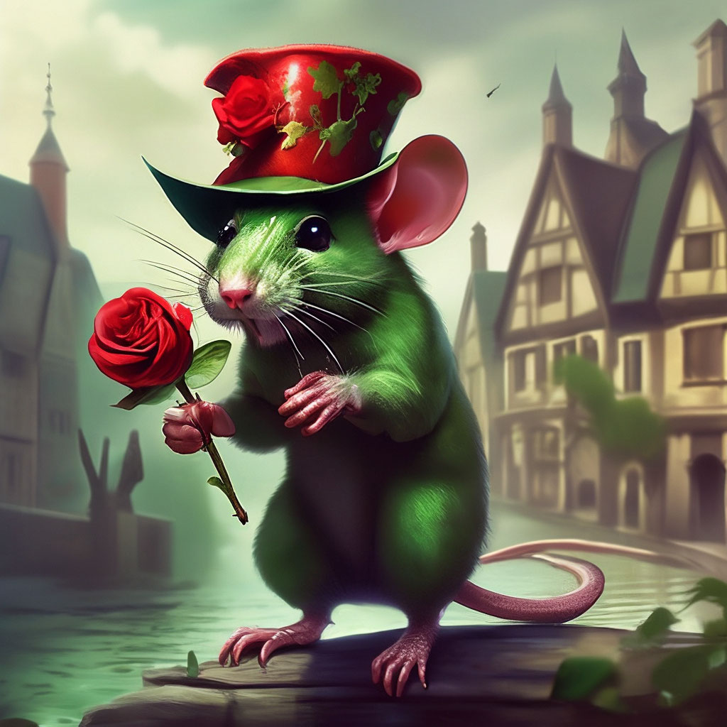 "A poisonous giant green rat in a hat holds a red rose in its paws ...
