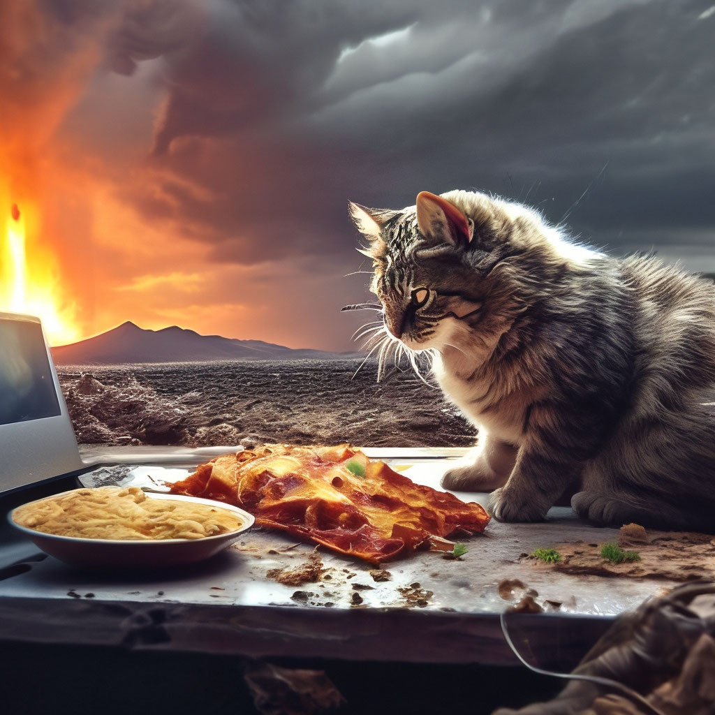 "The genius cat works on a computer and eats lasagna" — image created ...