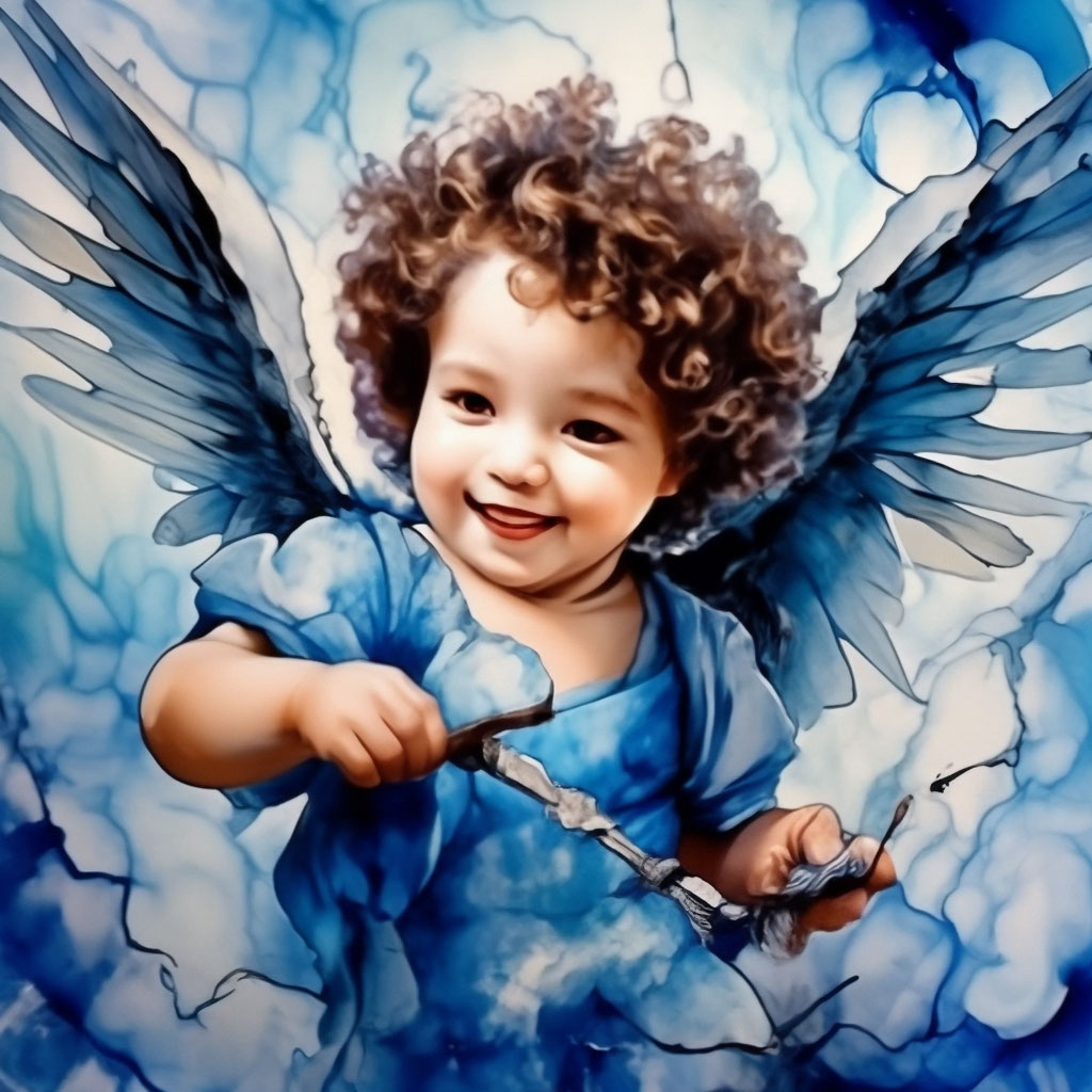"Alcohol ink painting, plum cute heavenly mischievous cupid with fluffy ...