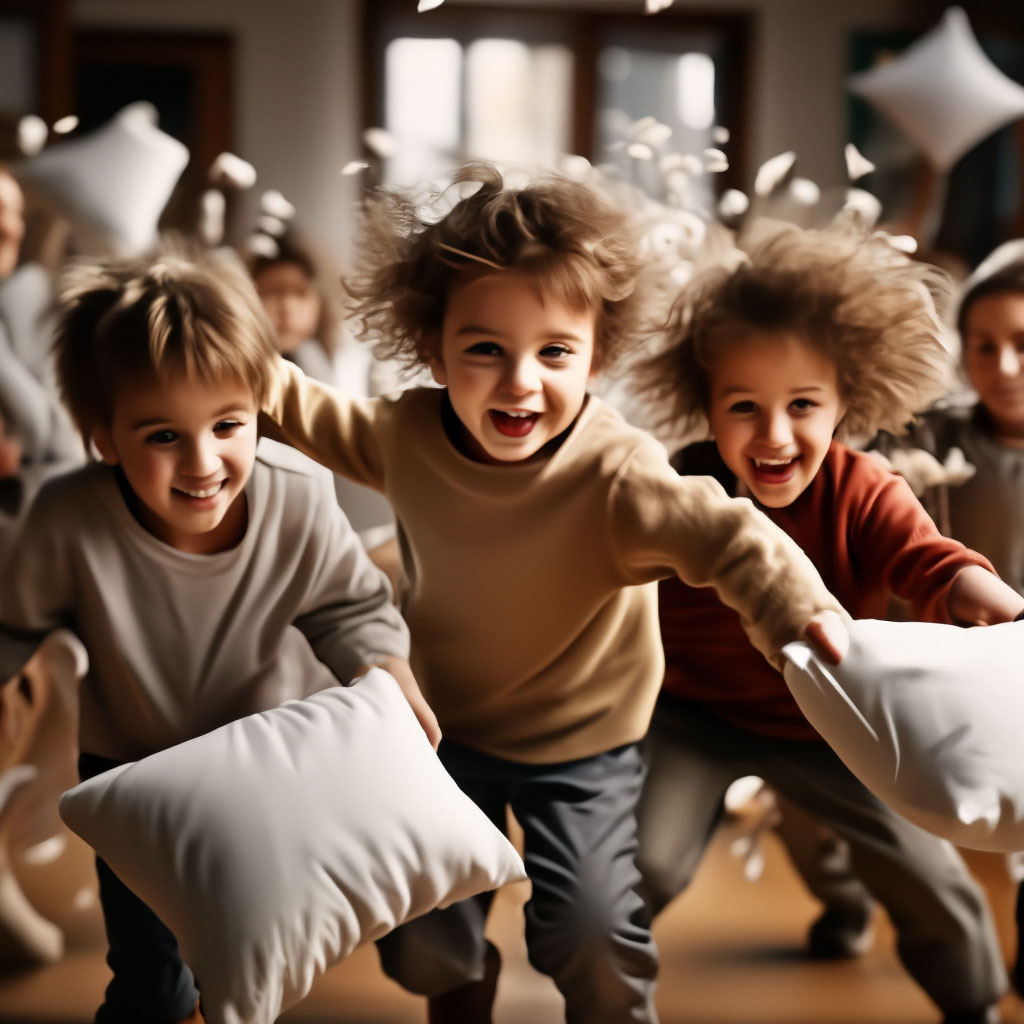 "Pillow fight in kindergarten, 4k, realistic, high resolution, high ...