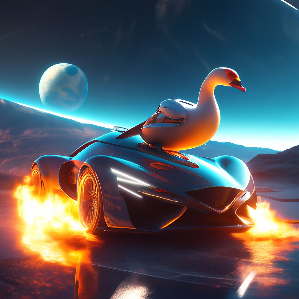"Fire-breathing goose, futuristic car, planet in space, bright lighting ...