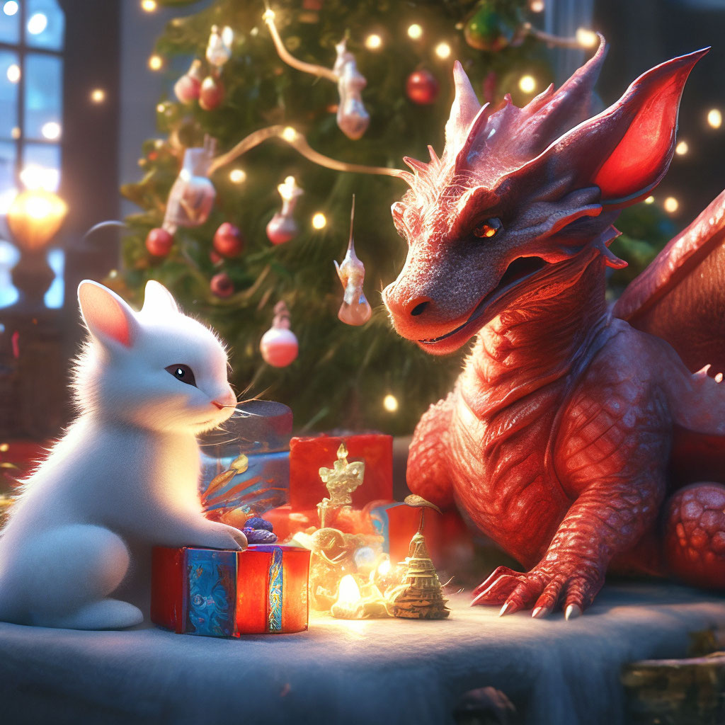 "A dragon with a rabbit and a red cat near the Christmas tree are ...