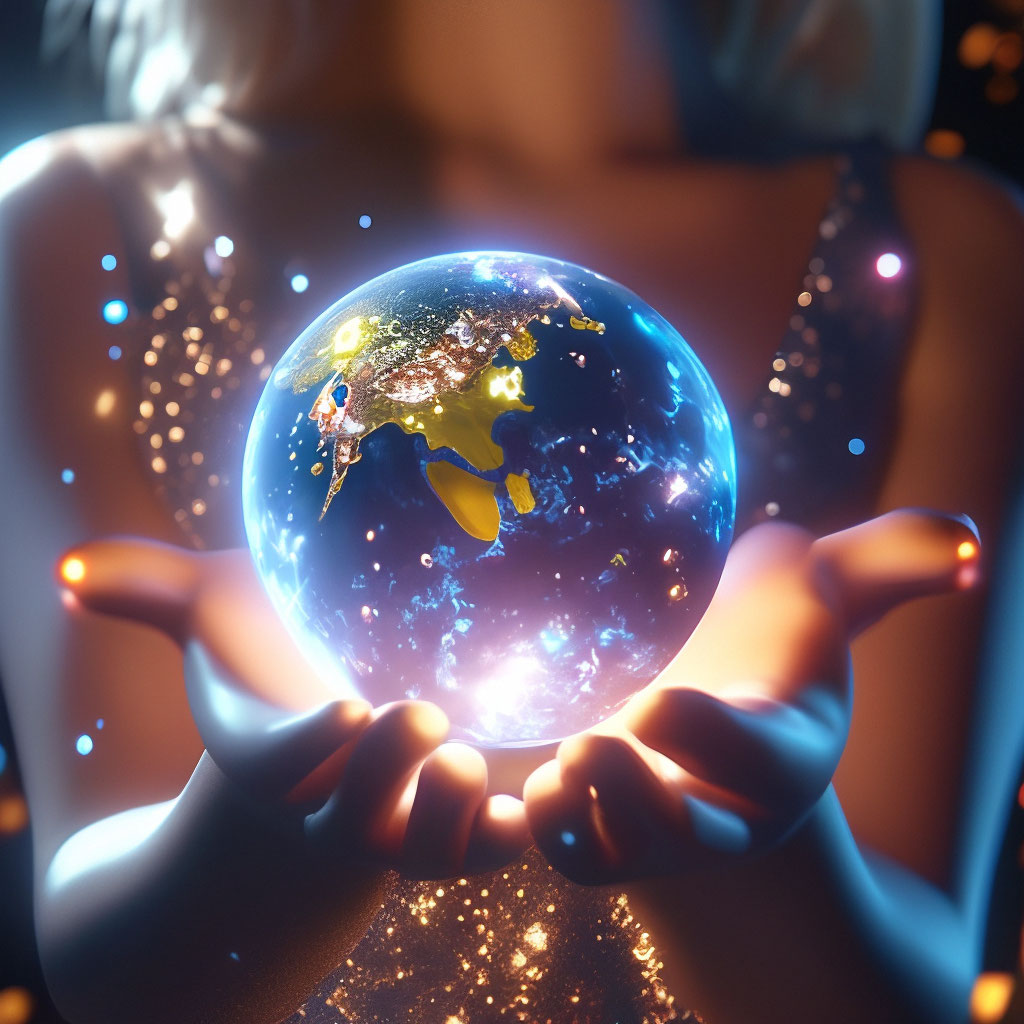 "A woman holds a planet in her hands glow glitter 4k hyperrealism ...