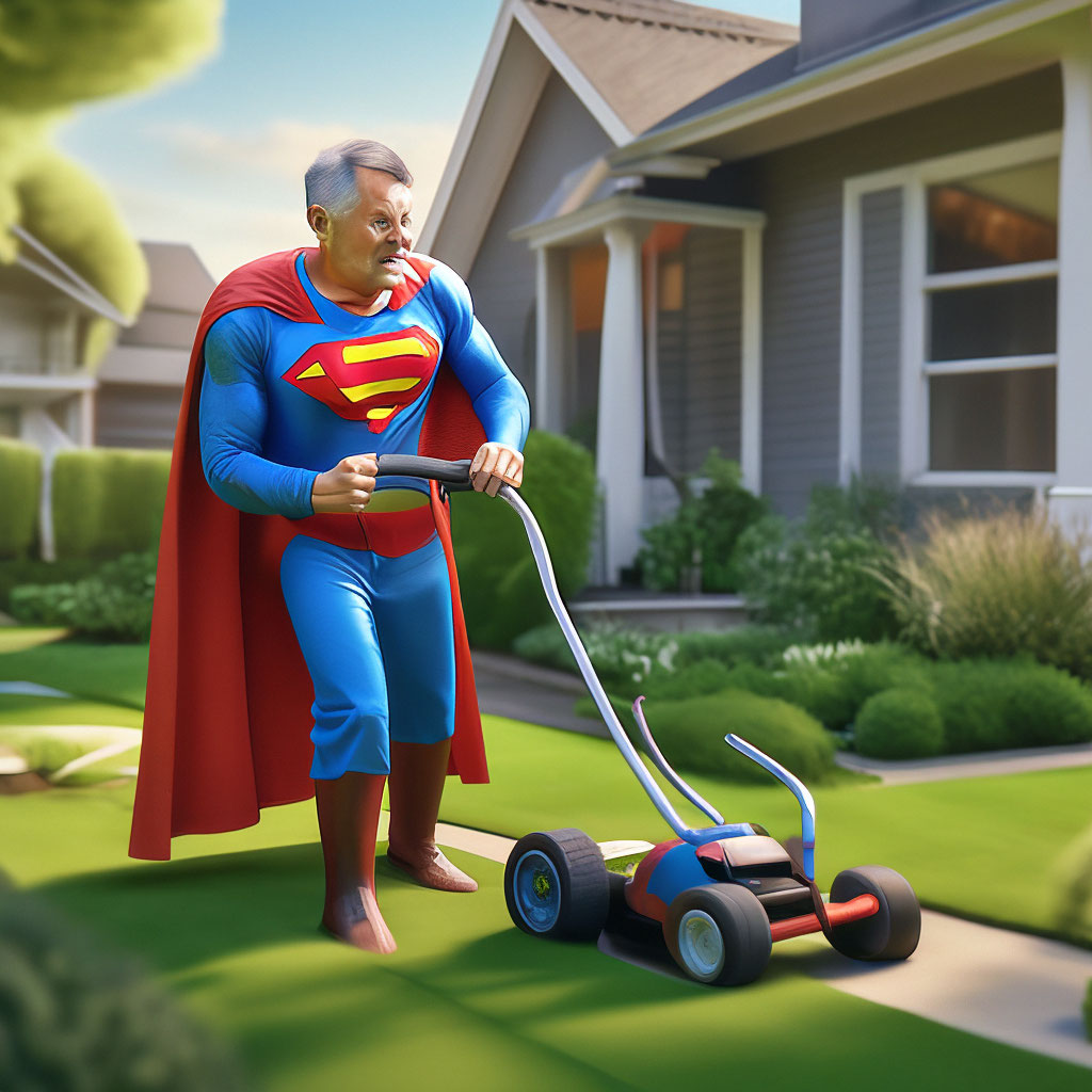 "Superman is retired, an elderly man in a superman costume mows the ...