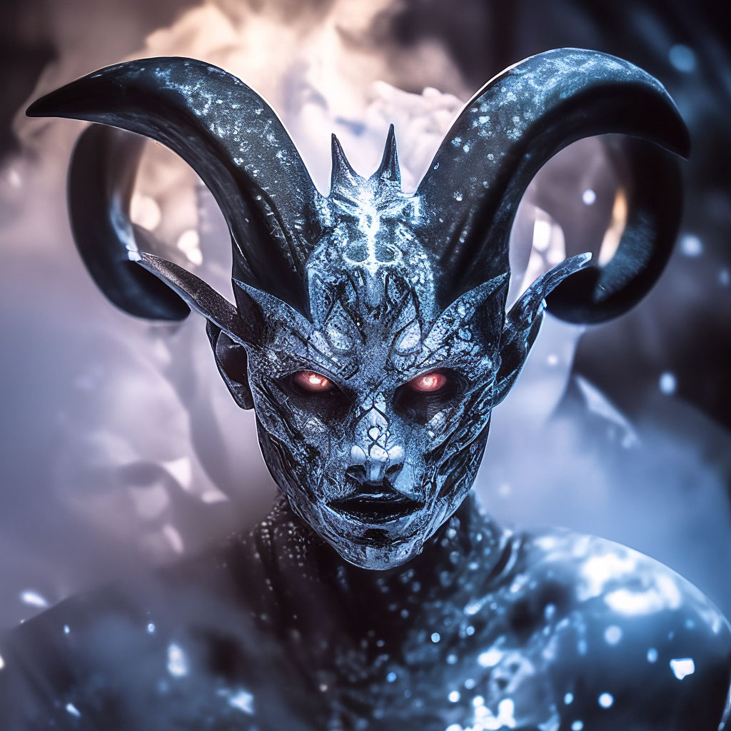 "Demon incubus, horns, anthropomorphic, beautiful, ice and whirlwind ...