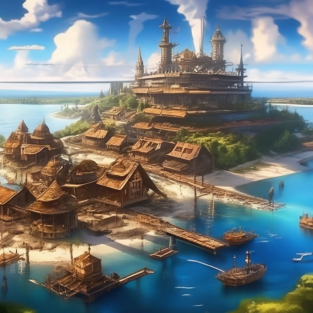 "Island settlement, view from afar, steampunk, in detail, in the style ...