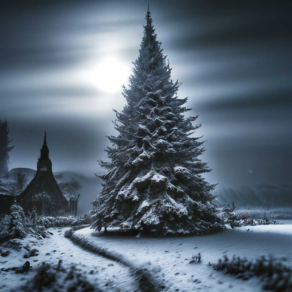"Gothic Christmas tree, big moon,decay,snow,hoar frost,evil,depression ...