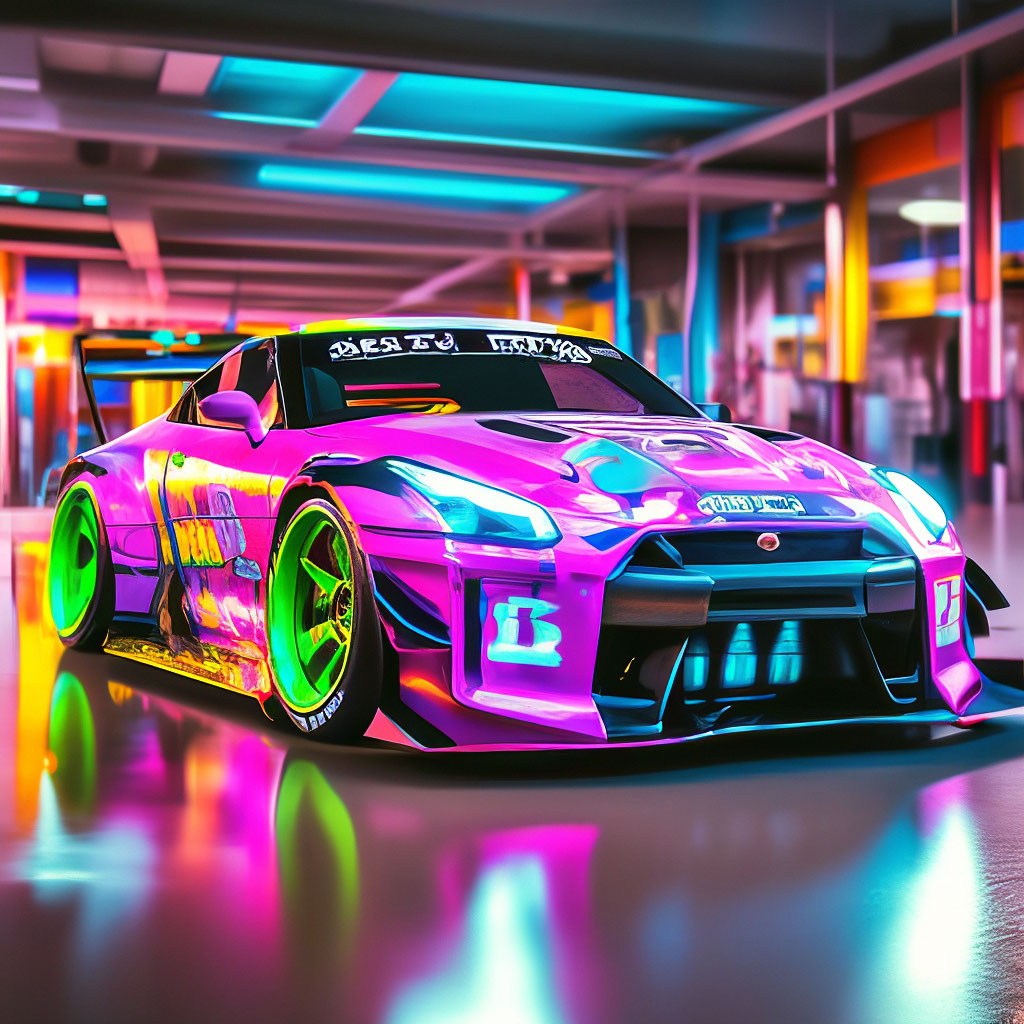 "Nissan GTR in neon drift style" — image created in Shedevrum