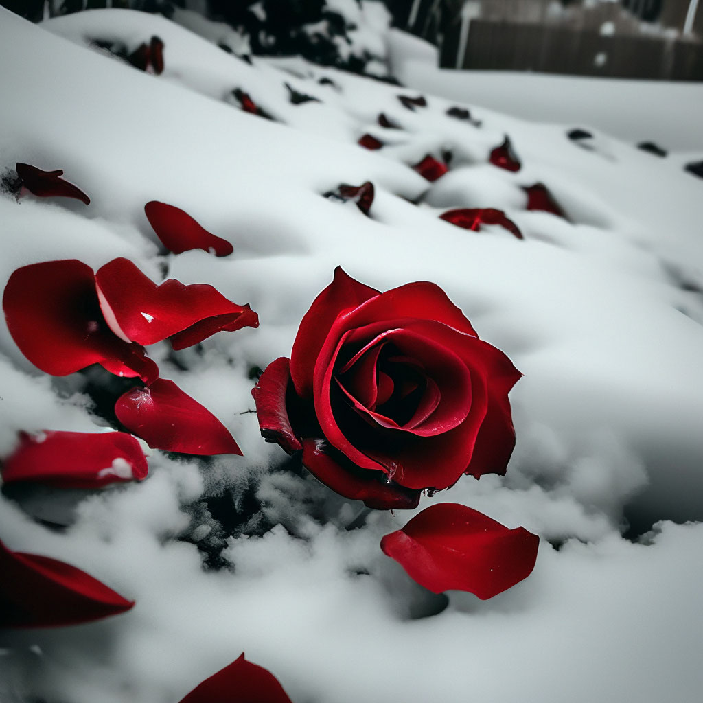"Black and white photo, snowdrifts, winter, red rose petals lying on ...