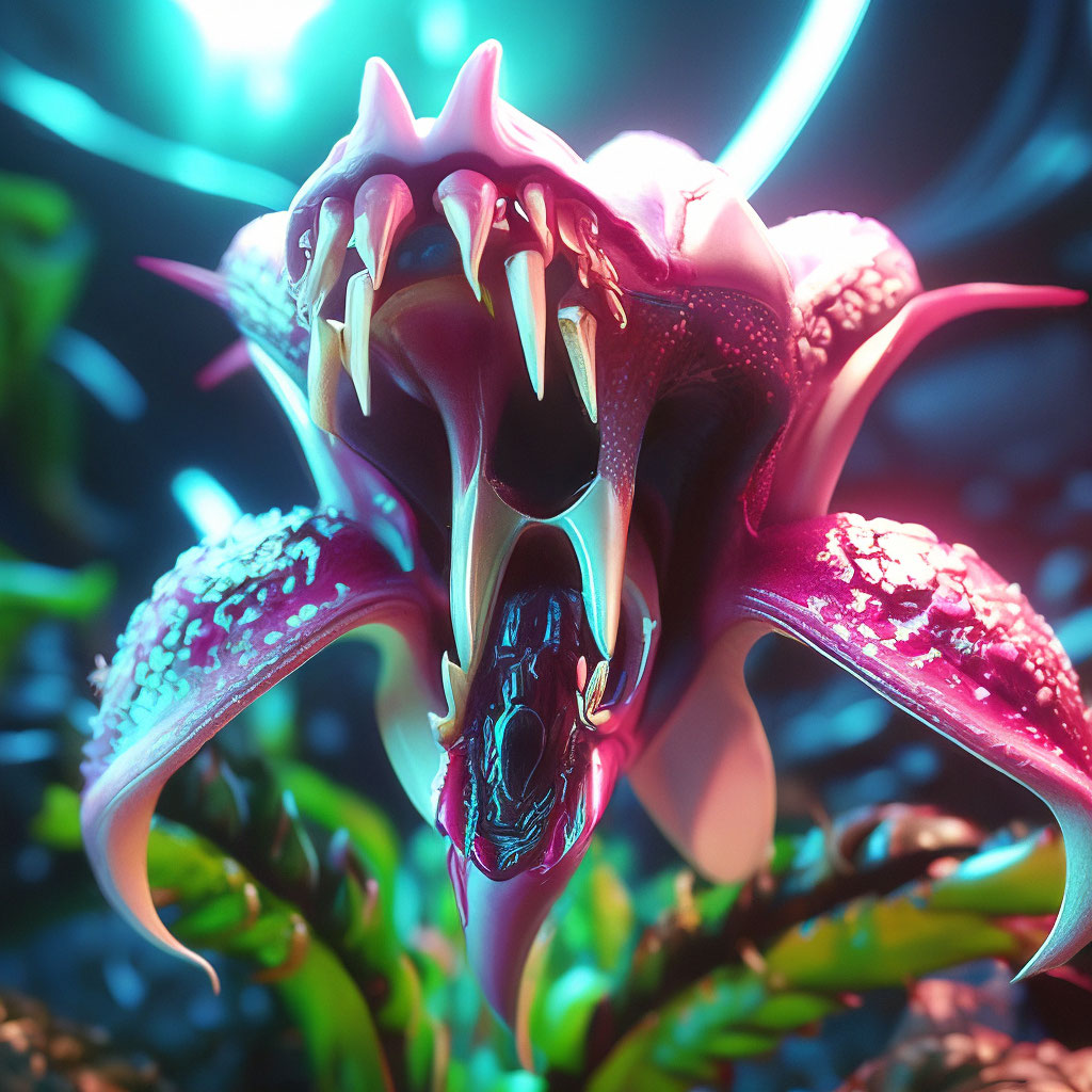 "Predatory alien flower, big teeth, venom, ufo, surrealism, volumetric ...
