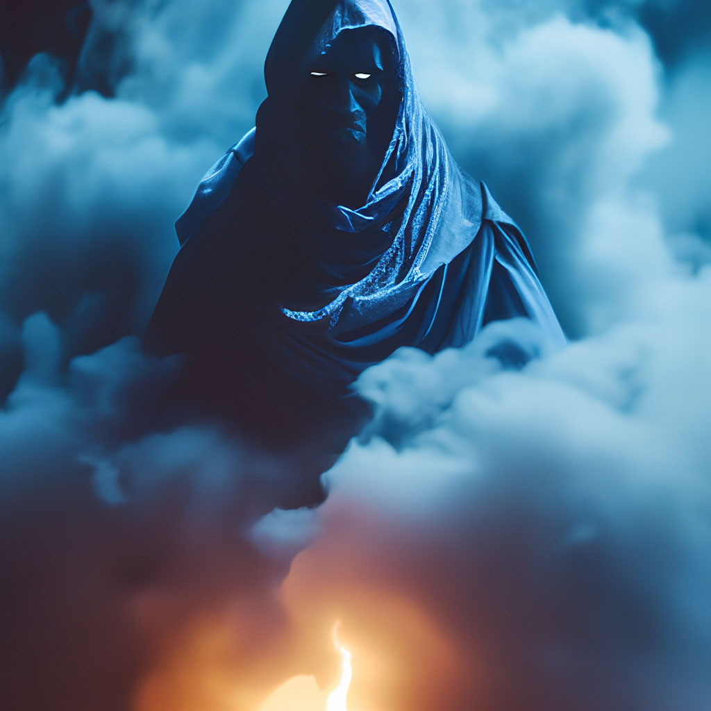 "Evil Genie in the center of 4d smoke cloud, Horror style, dark ...