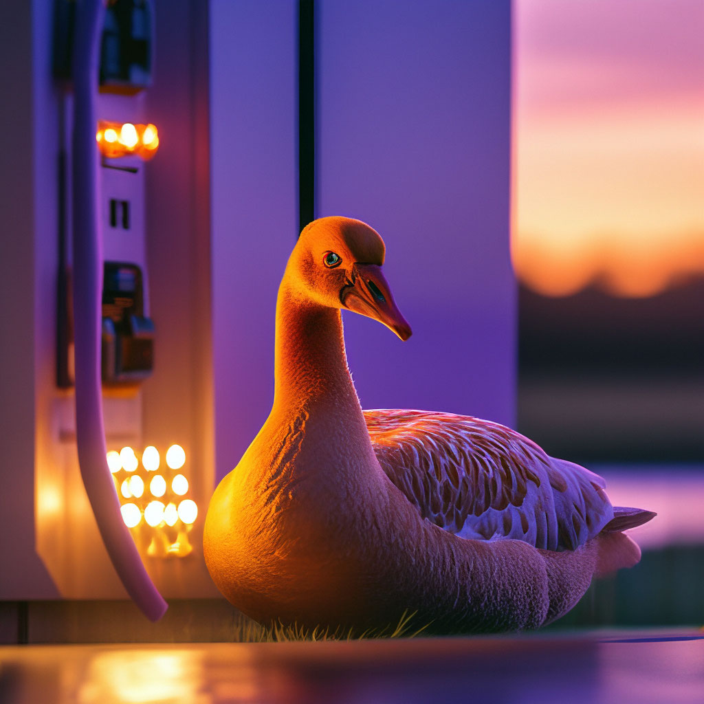 "Orange goose is sitting at a purple electrical outlet, aesthetically ...
