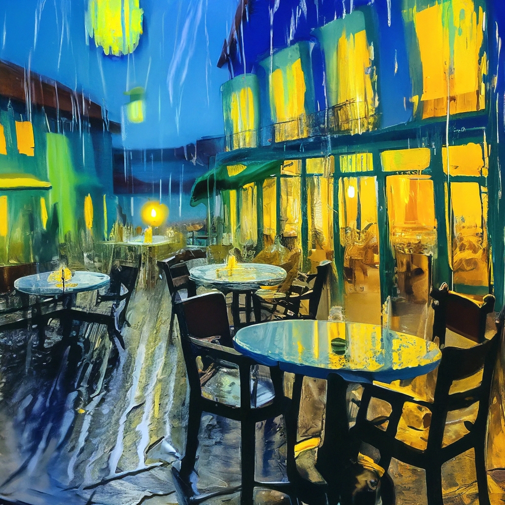 "Van Gogh's painting "night terrace cafe" through wet glass with water ...