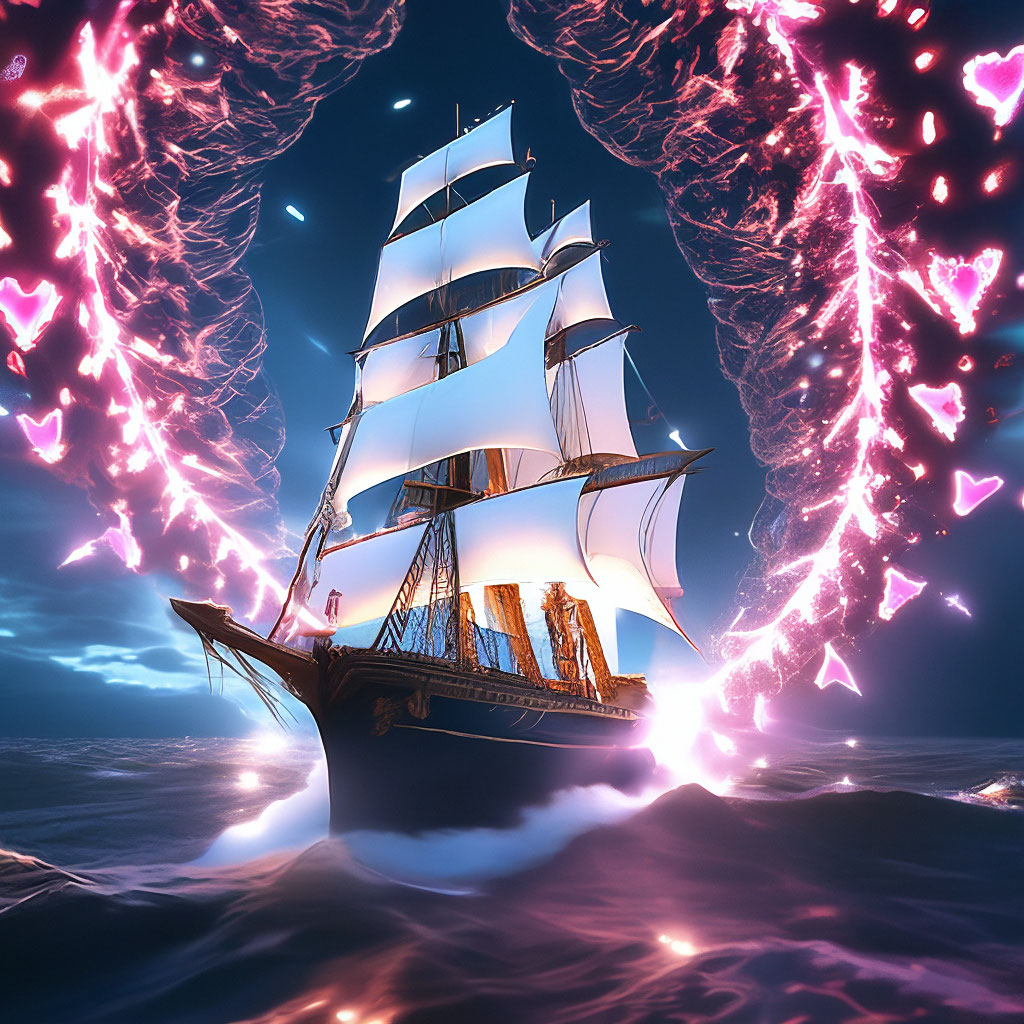 "A sailing ship with shining white sails sails through an arch of ...