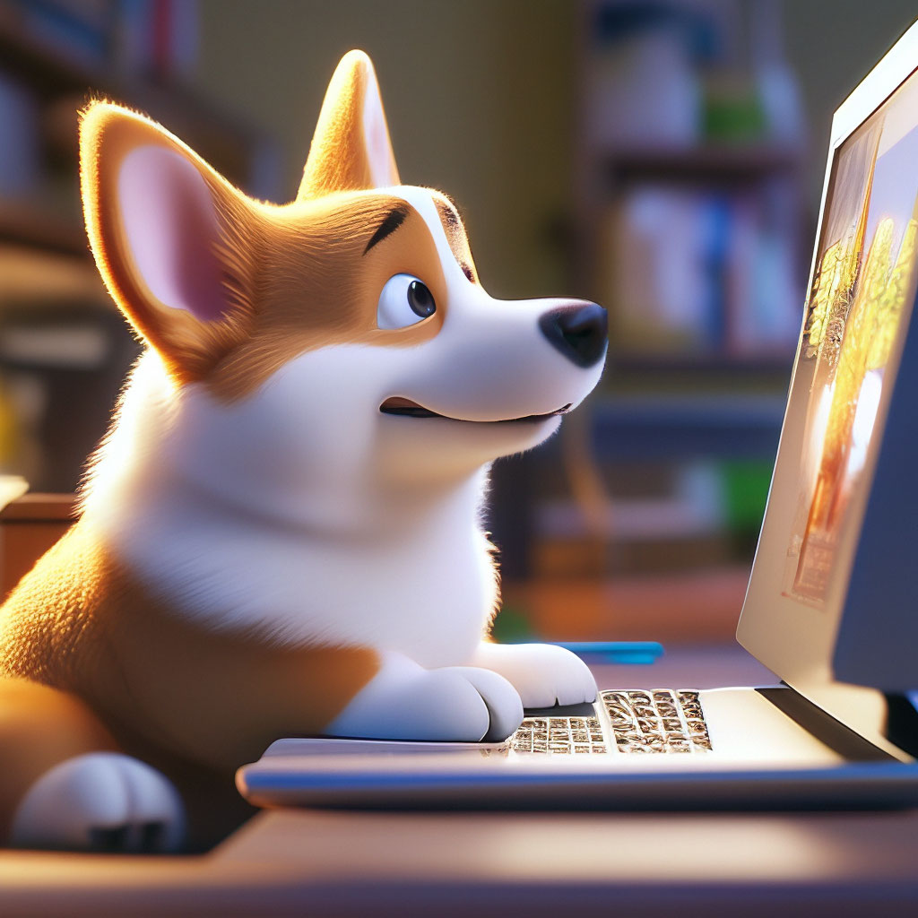 "Corgi programmer at laptop, pixar" — image created in Shedevrum