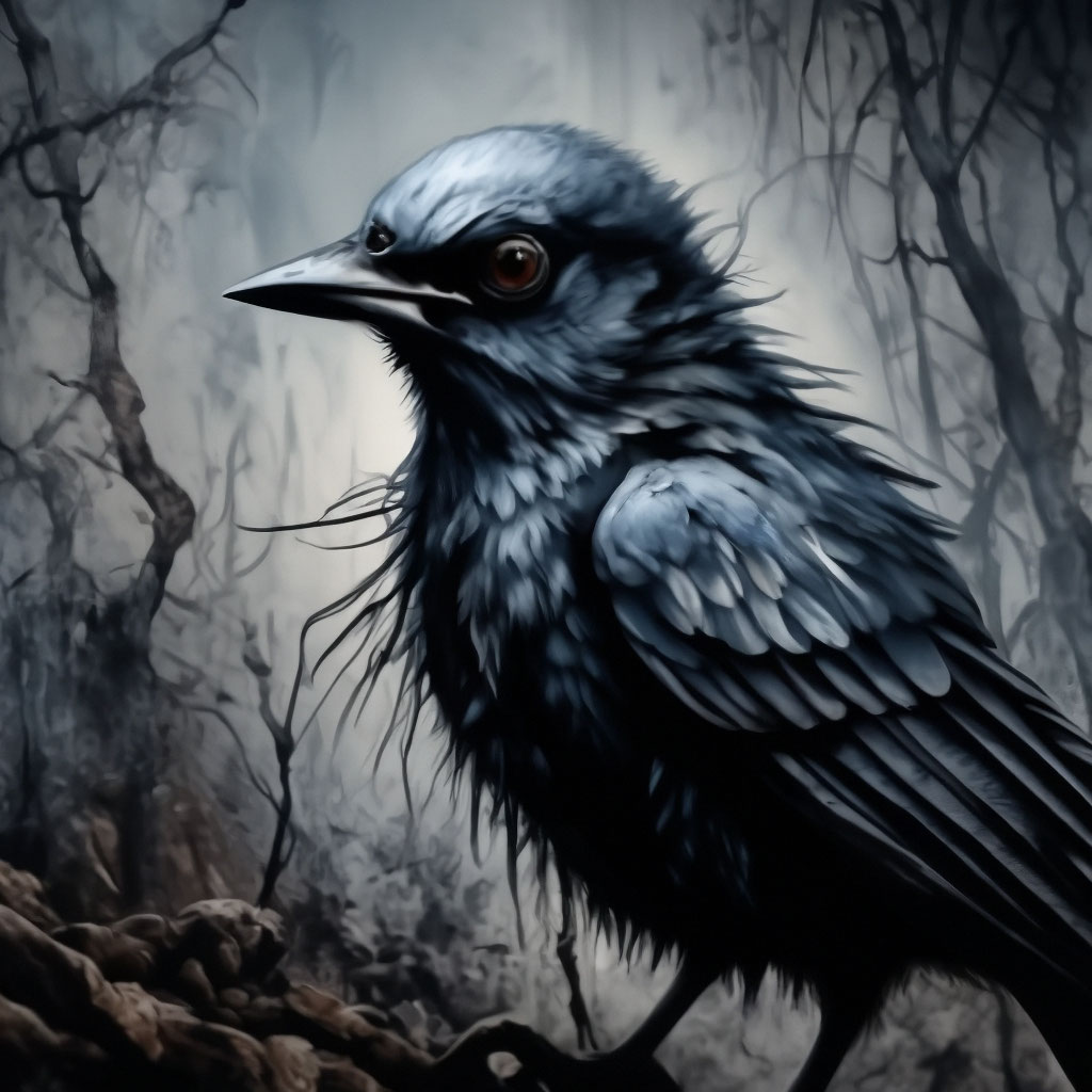 "Creepy bird, watercolor, fine drawing, gloomy, dark colors ...