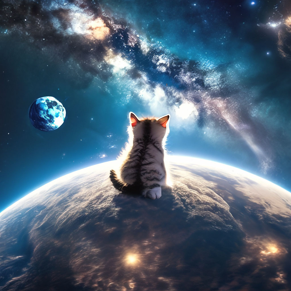 "🌵 multi-exposure from space, a baby kitten sits on the moon and looks ...