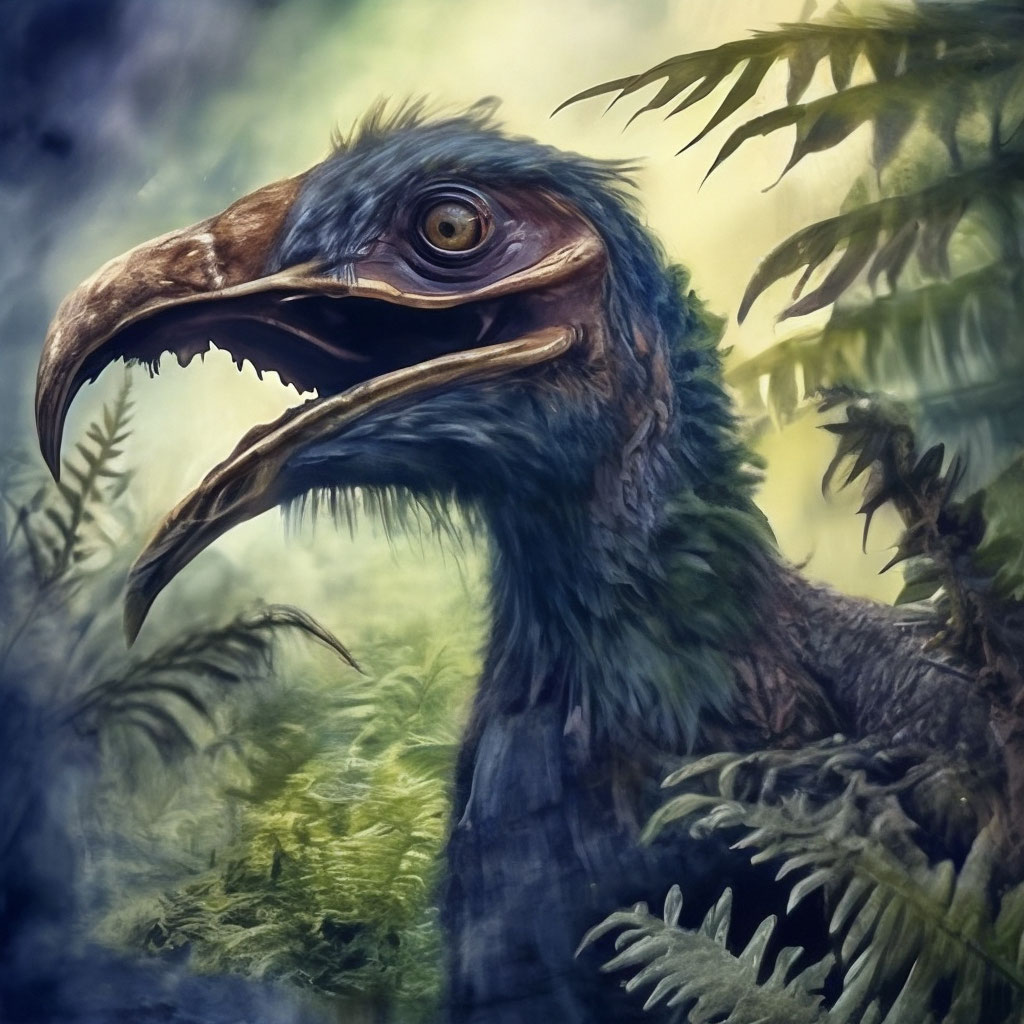 ". A mystical prehistoric forest, a scary creepy bird of prey Moa with ...