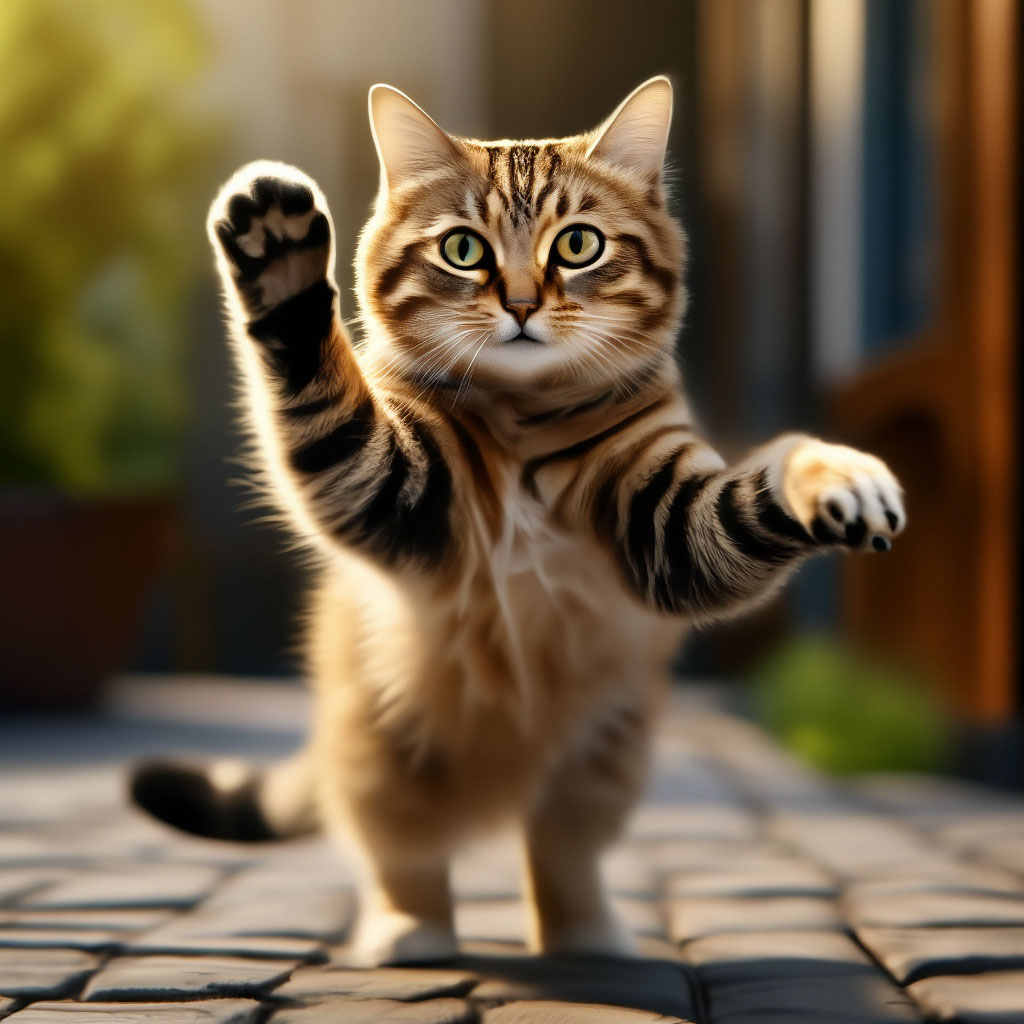 "The cat stands still and jumps and waves its paws, beautiful ...