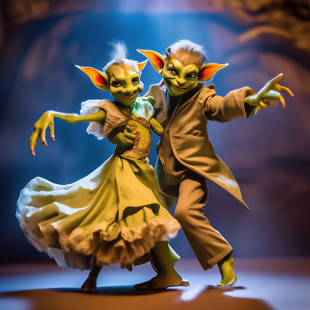 "A goblin tall and handsome holds a goblin by the waist and dances a ...