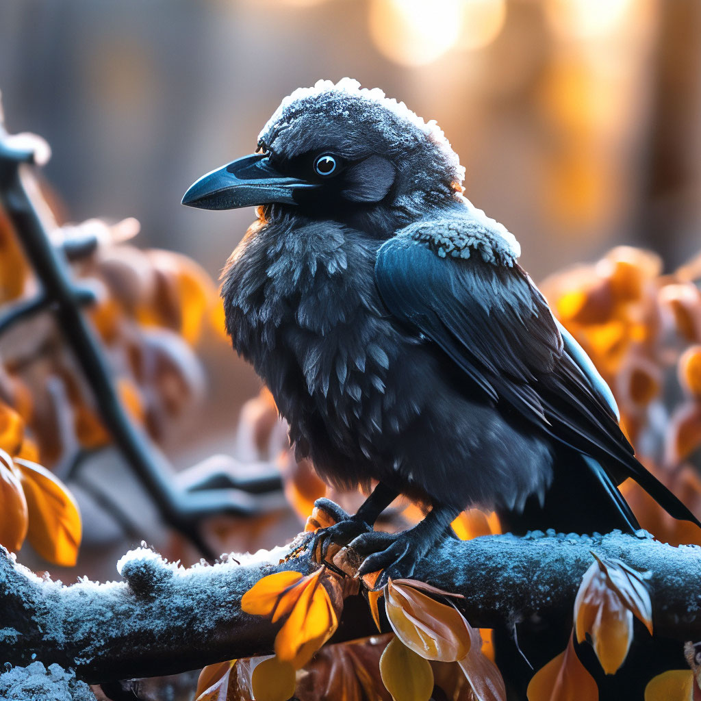 "A small cute and funny raven on a frosty morning in the autumn forest ...