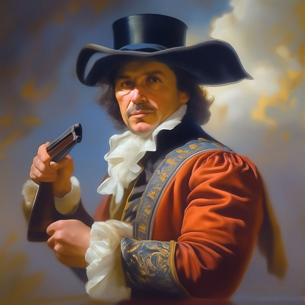"A painting of a man wearing a hat and holding a gun, baroque ...