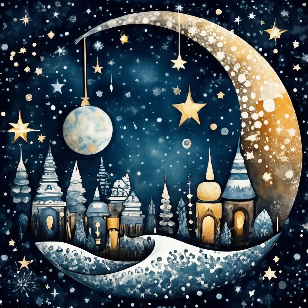 "A starry fairy-tale space Big moon, Christmas patterns, geometry ...