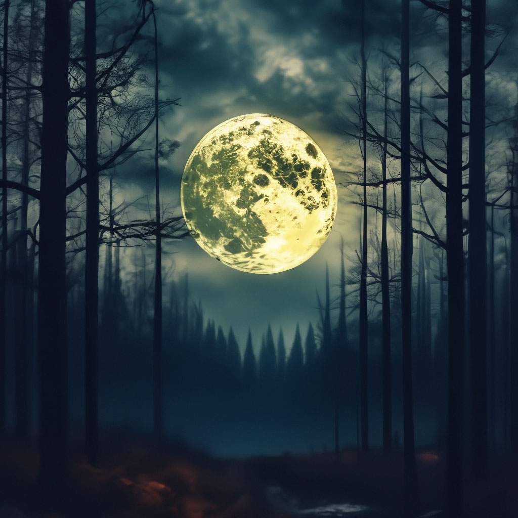 "Yellow moon over a dark forest" — image created in Shedevrum