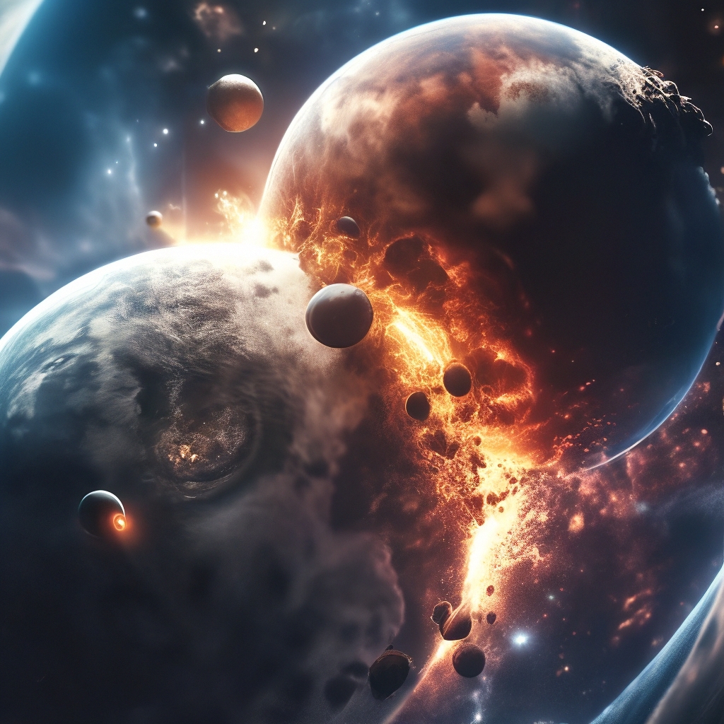 "Collision of two planets, space, universe, apocalypse, milky way ...