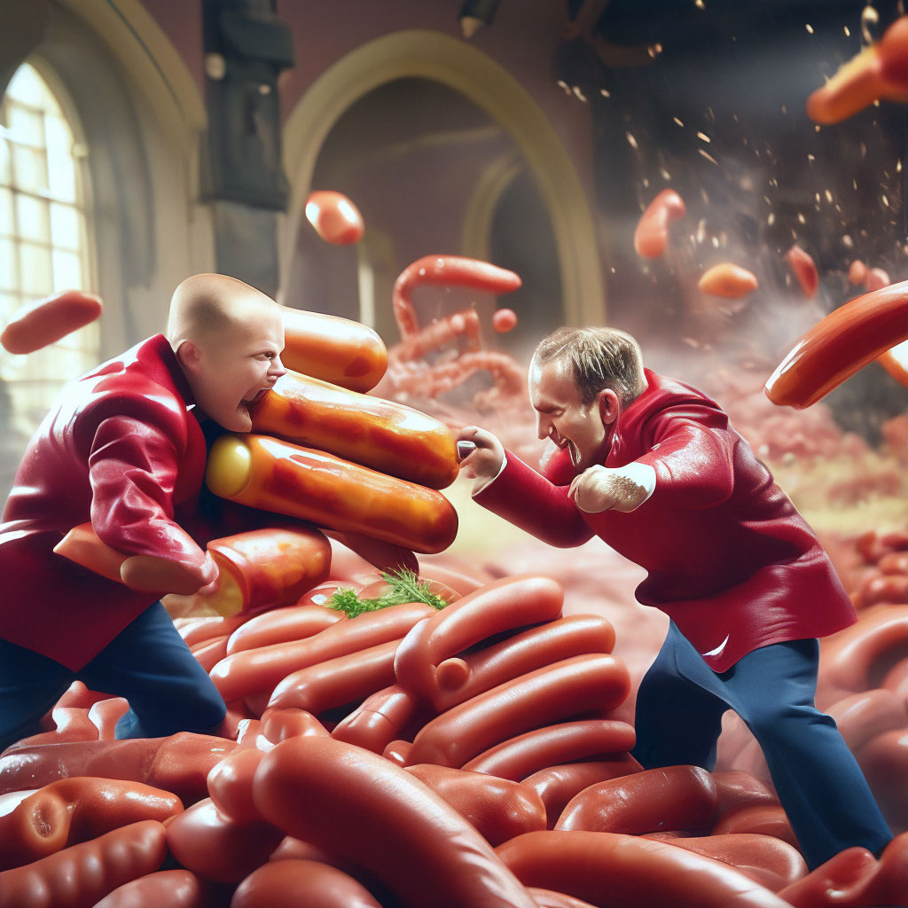 "Sausage fight" — image created in Shedevrum