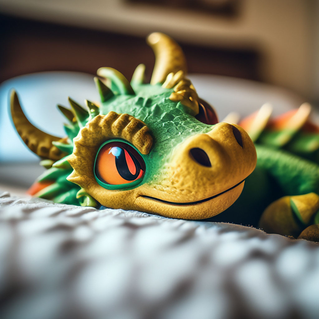 "Cute dragon sleeping in bed" — image created in Shedevrum