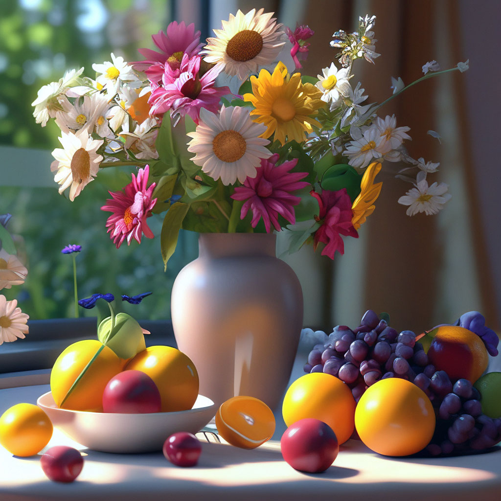 "Still life with flowers in a vase and fruits, summer mood, realistic ...