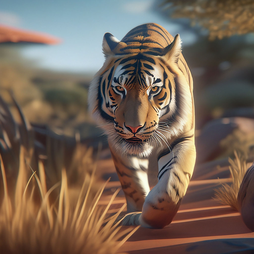 "Tiger walks on a shroud in africa, hyperdetalization, overrealism ...