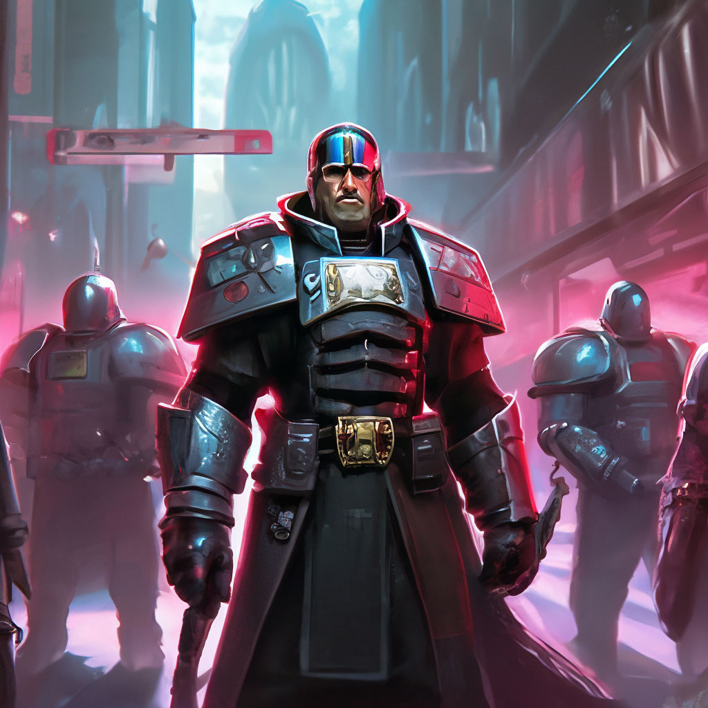 "Adeptus arbites in the style of judge Dredd" — image created in Shedevrum