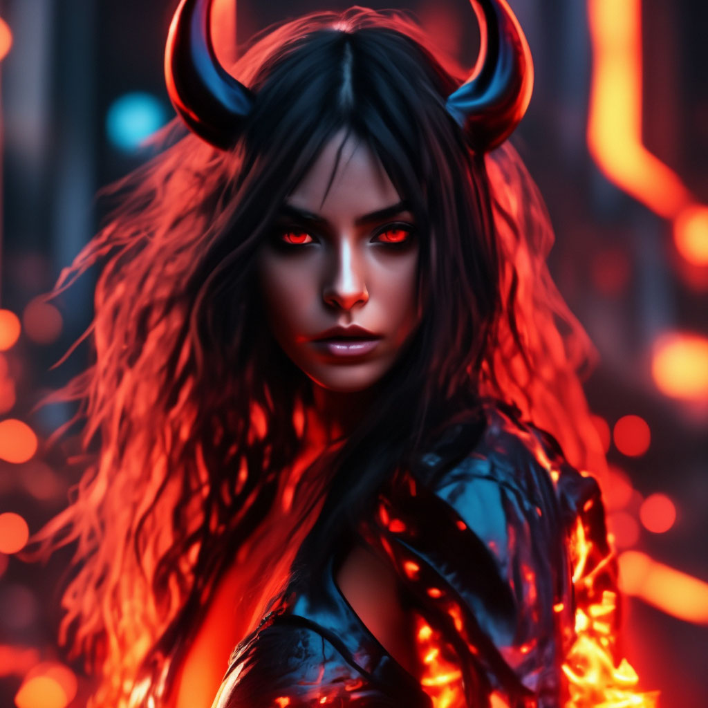"Demon girl, fire, hell, neon," — image created in Shedevrum